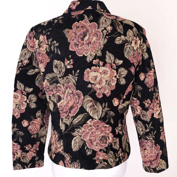 Vintage | Jackets & Coats | Vintage 8s Black Floral Rose Tapestry ...